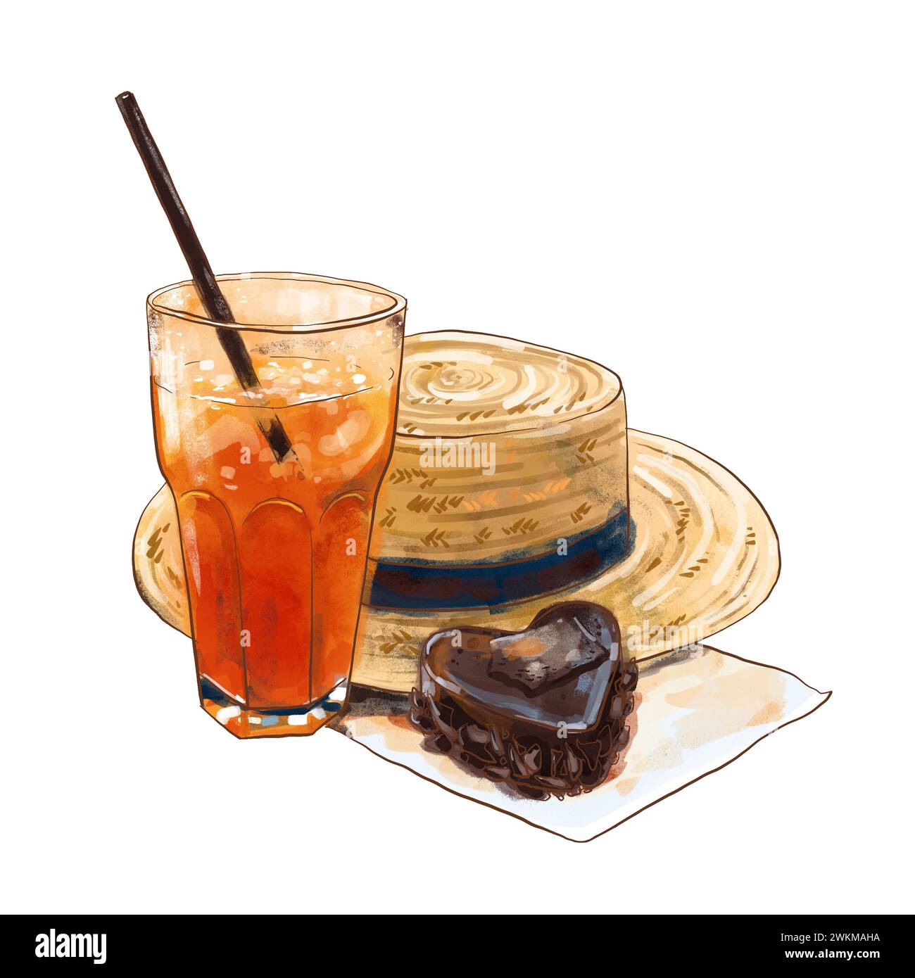 Composition of objects. Orange cold drink in glass with a straw. Straw ...