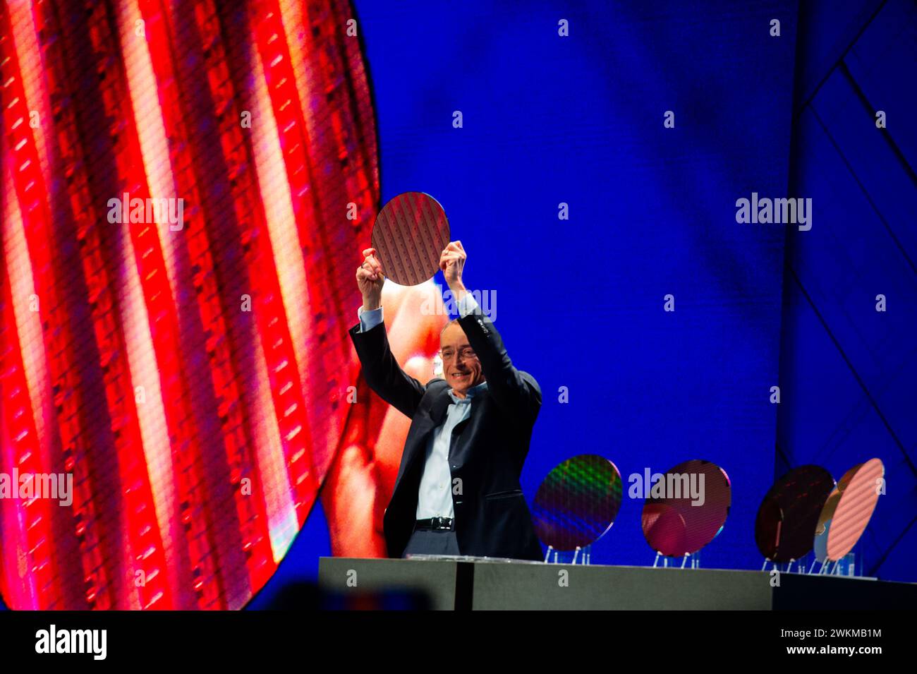 San Jose, USA. 21st Feb, 2024. Intel CEO Pat Gelsinger presents chips ...