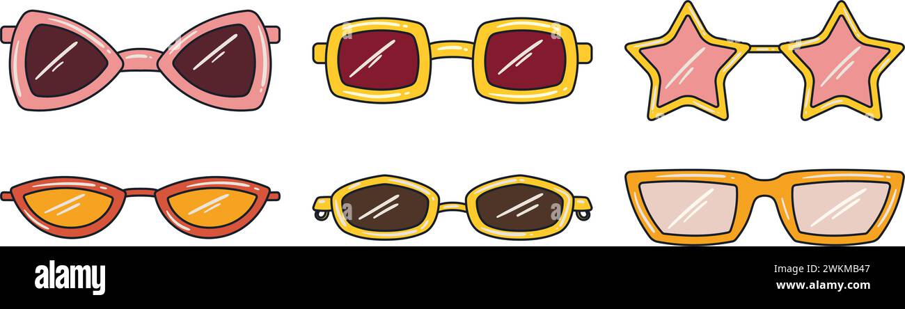 Set of different retro style, hippie sunglasses. Retro aesthetic vibe ...