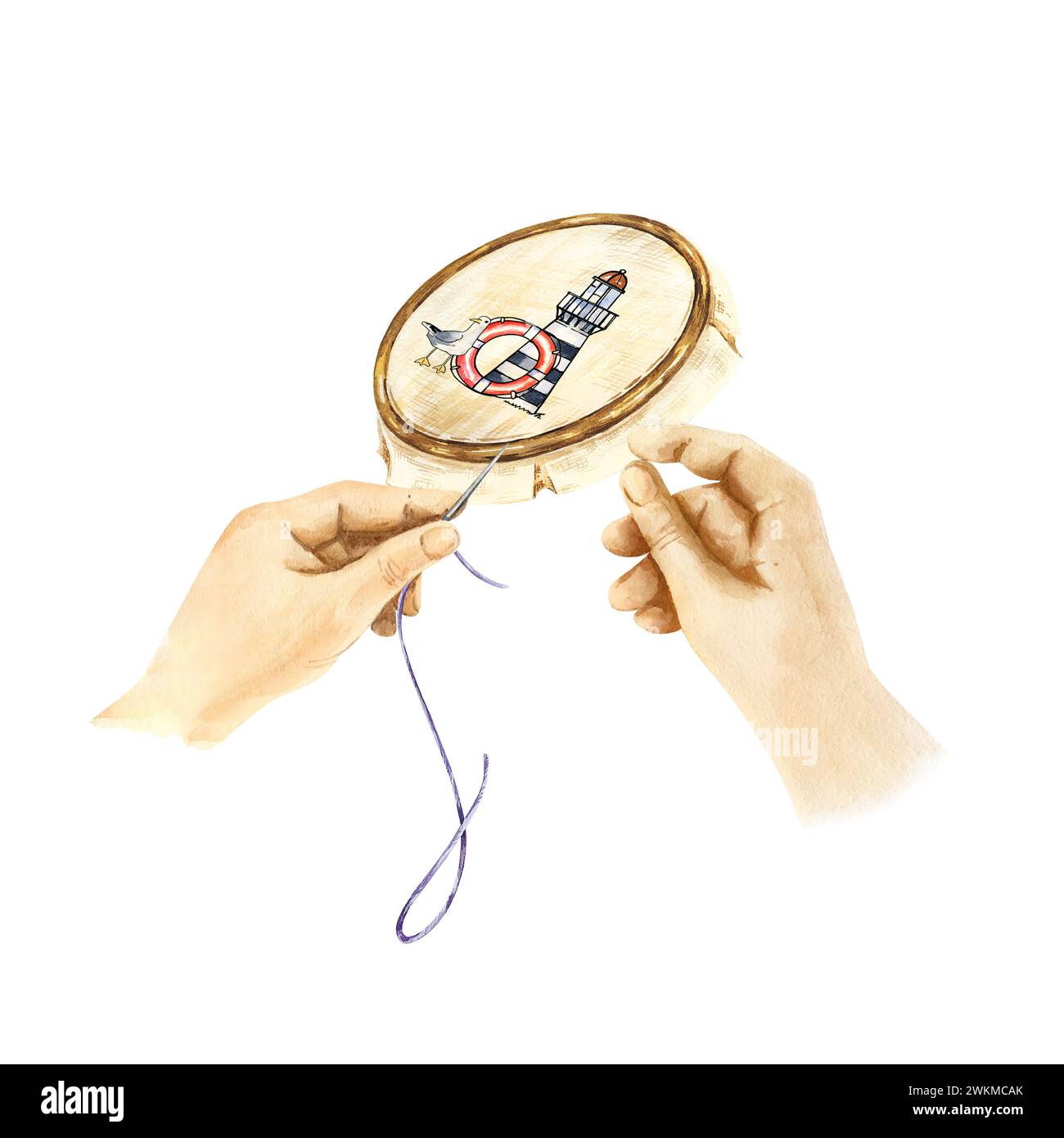 watercolor illustration of women's hands embroider, hold a needle and ...