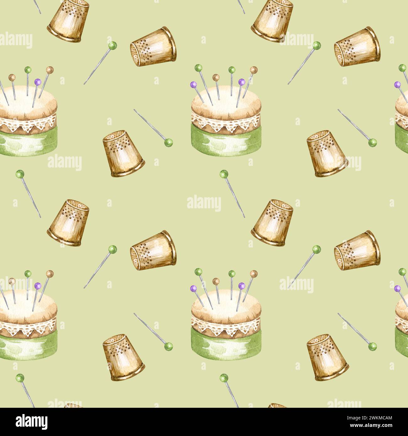 watercolor seamless pattern with needlework tools, embroidery ...