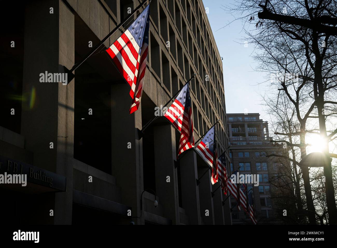 Washington, USA. 21st Feb, 2024. Sunlight illuminates flags at the U.S ...