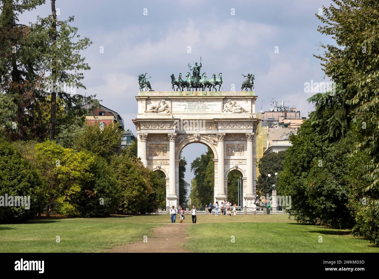 Porta Sempione, a gate in Milan, is marked by the Arch Of Peace ...