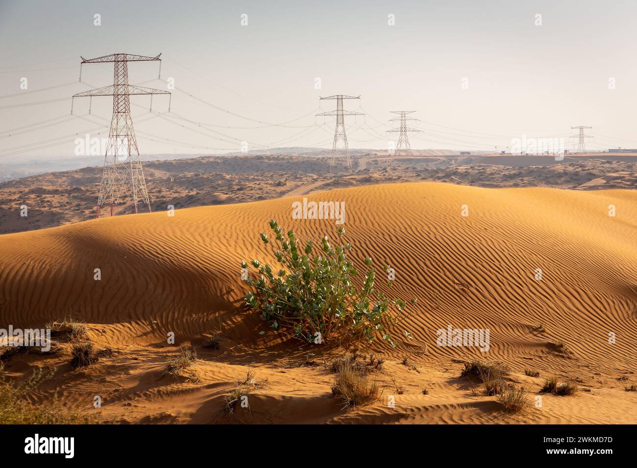 Golden desert dunes landscape with transmission towers on the horizon ...