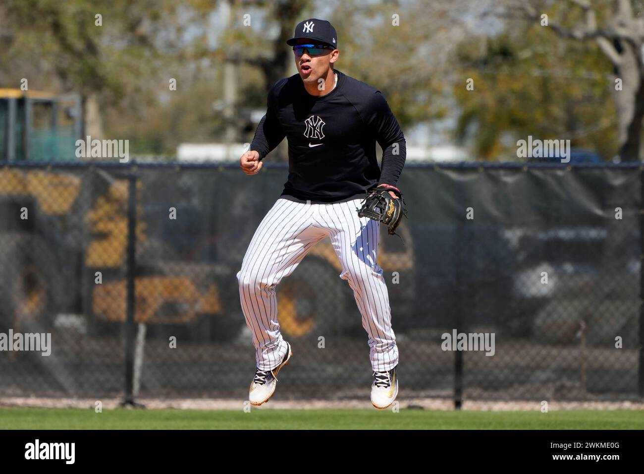 New York Yankees second baseman Gleyber Torres leaps while waiting to ...