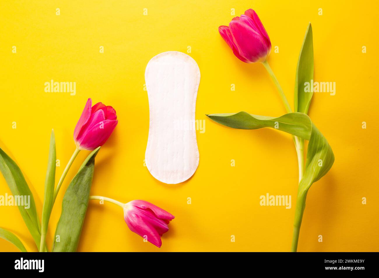 Feminine hygiene pad and tulip on yellow background. First menstrual ...