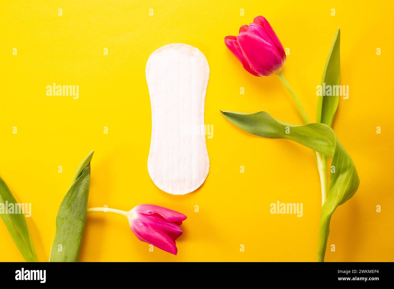Feminine hygiene pad and tulip on yellow background. First menstrual ...
