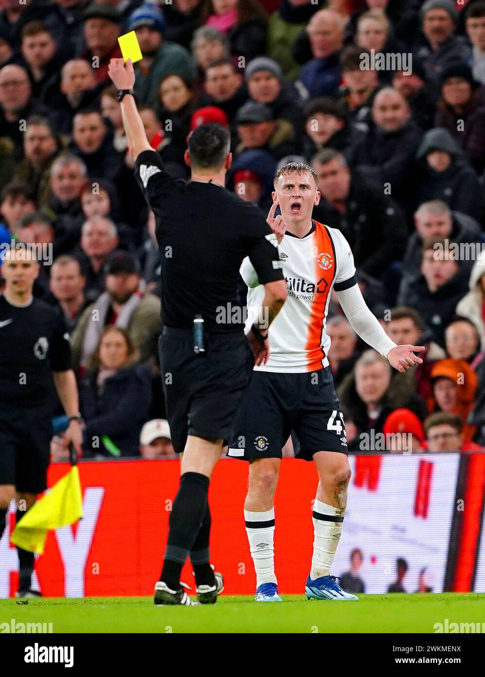 Luton Town's Alfie Doughty is shown a yellow card during the Premier ...