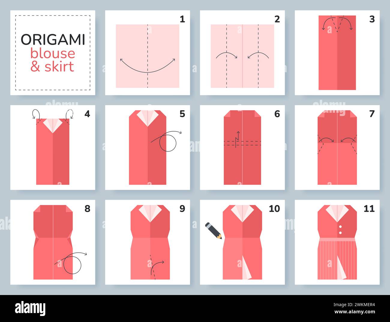 Origami tutorial for kids. Paper blouse and skirt Stock Vector Image ...