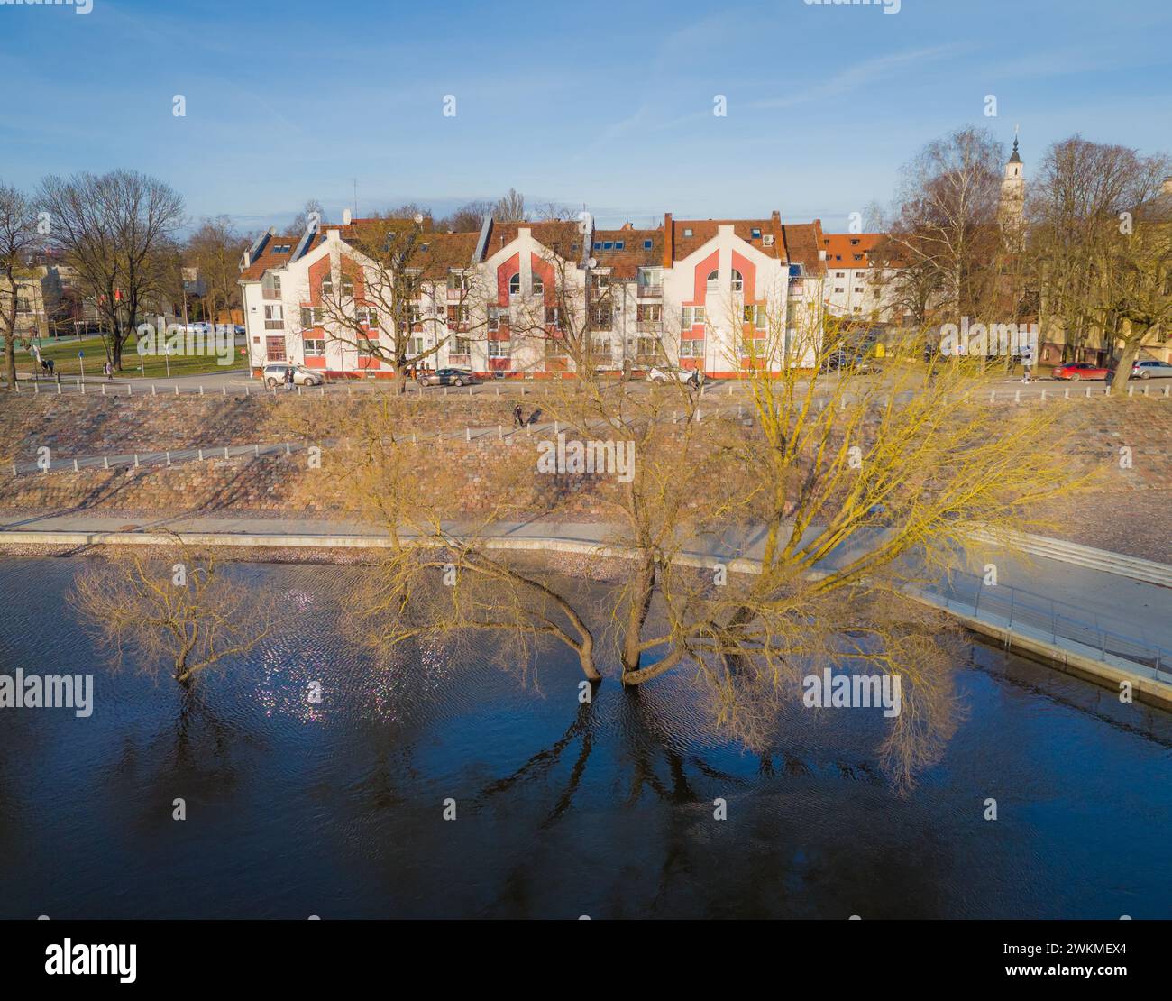 Aerial view of spring flood in the middle of the city. Covered ...