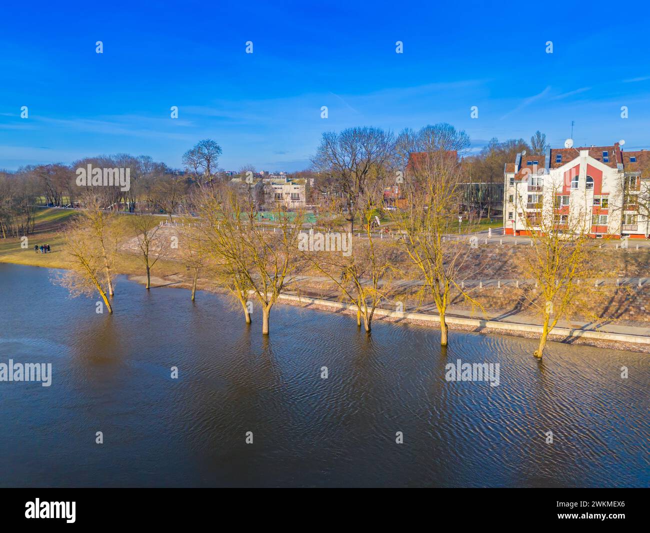 Aerial view of spring flood in the middle of the city. Covered ...
