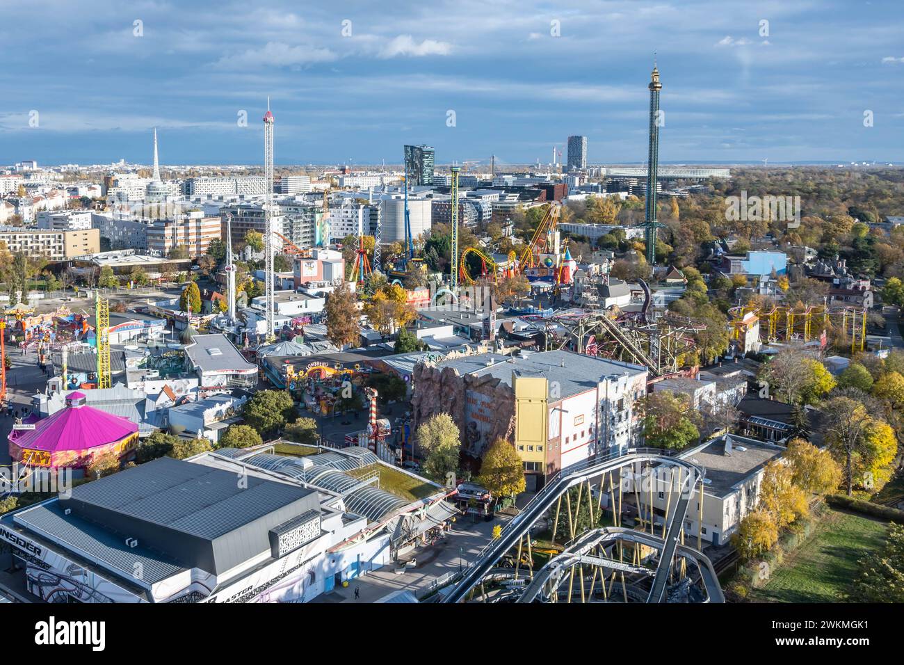 VIENNA, AUSTRIA - 21 November 2023: View over Prater Vien amusement ...