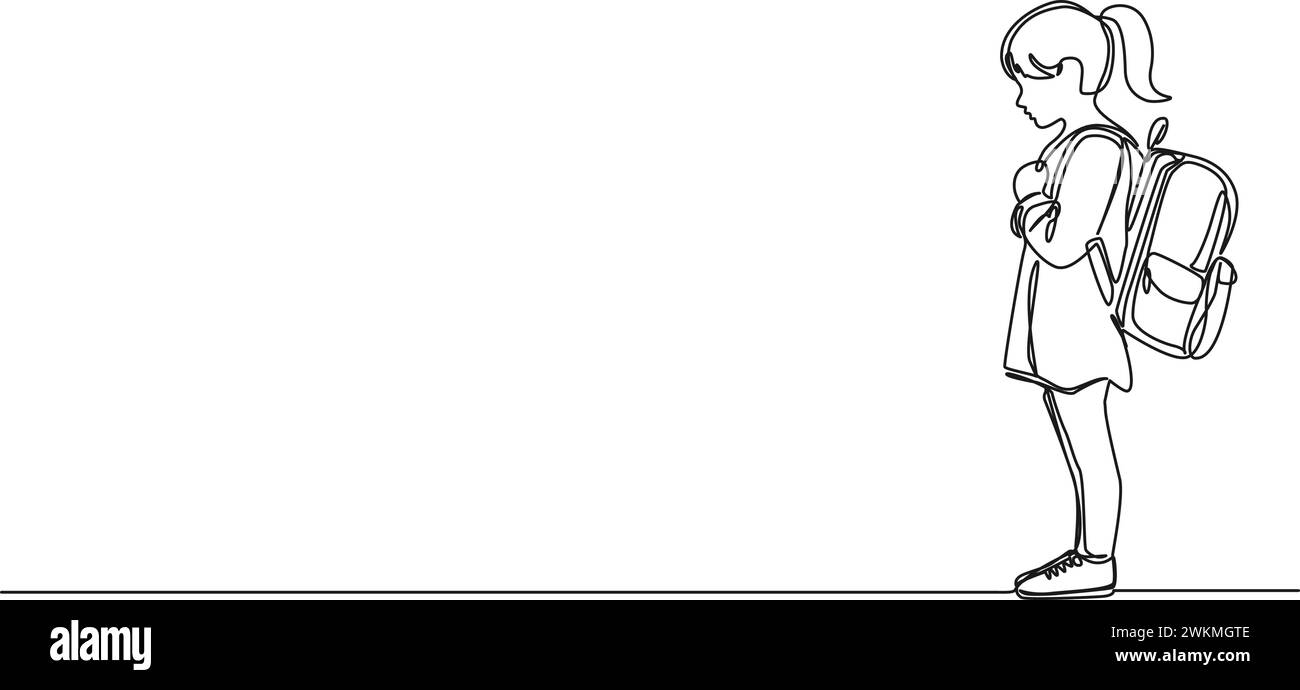 continuous single line drawing of elementary school student girl with ...