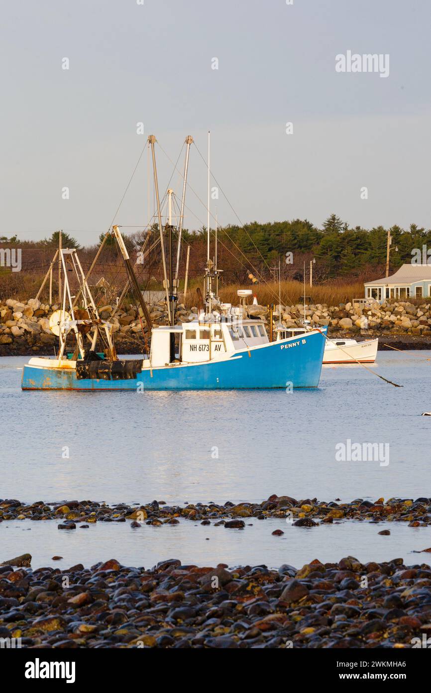 Anchored boats at Rye Harbor in Rye, New Hampshire in the early morning ...