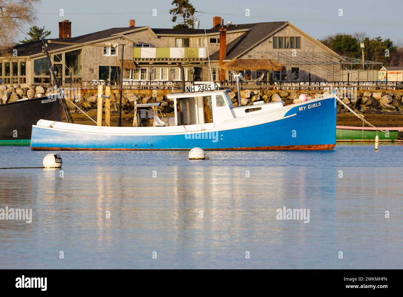 Anchored boats at Rye Harbor in Rye, New Hampshire in the early morning ...