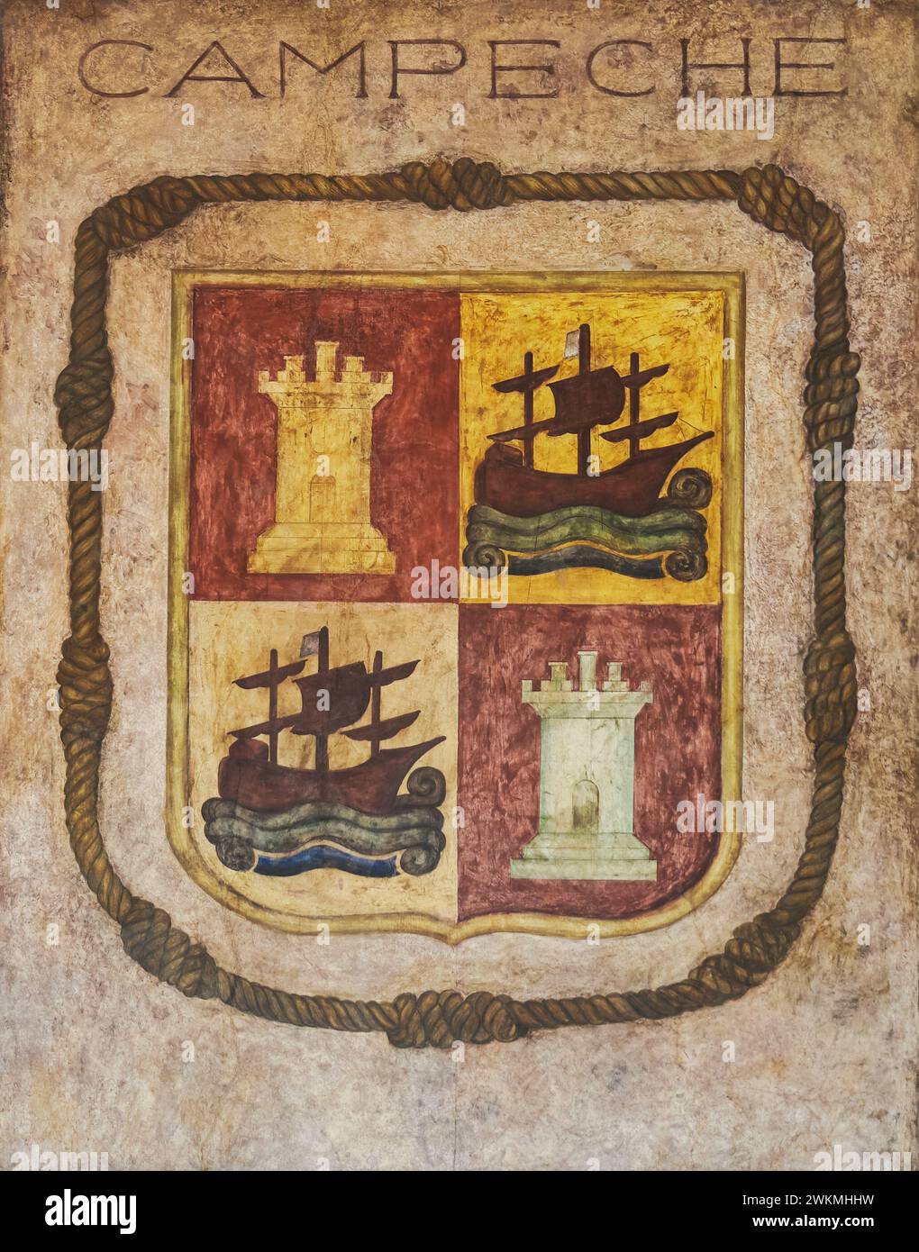 Coat of arms of the state of Campeche, mural by Diego Rivera, at the ...