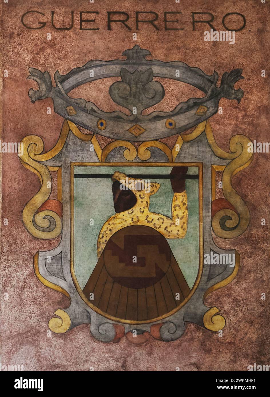 Coat of arms of the state of Guerrero, mural by Diego Rivera, at the ...