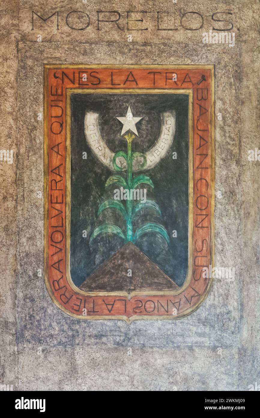 Coat of arms of the state of Morelos, mural by Diego Rivera, at the SEP ...