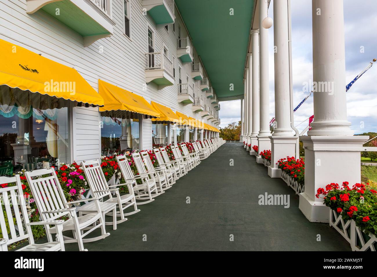 Outdoor terrace at the Grand Hotel Mackinac Island. The front veranda ...
