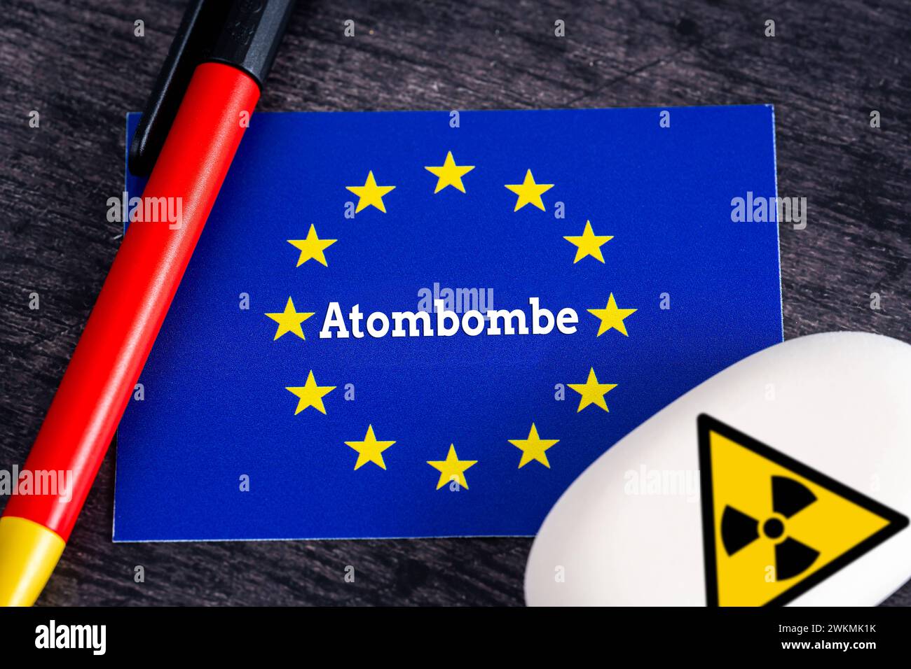 February 21, 2024: Nuclear bomb, lettering on an EU flag next to a ...