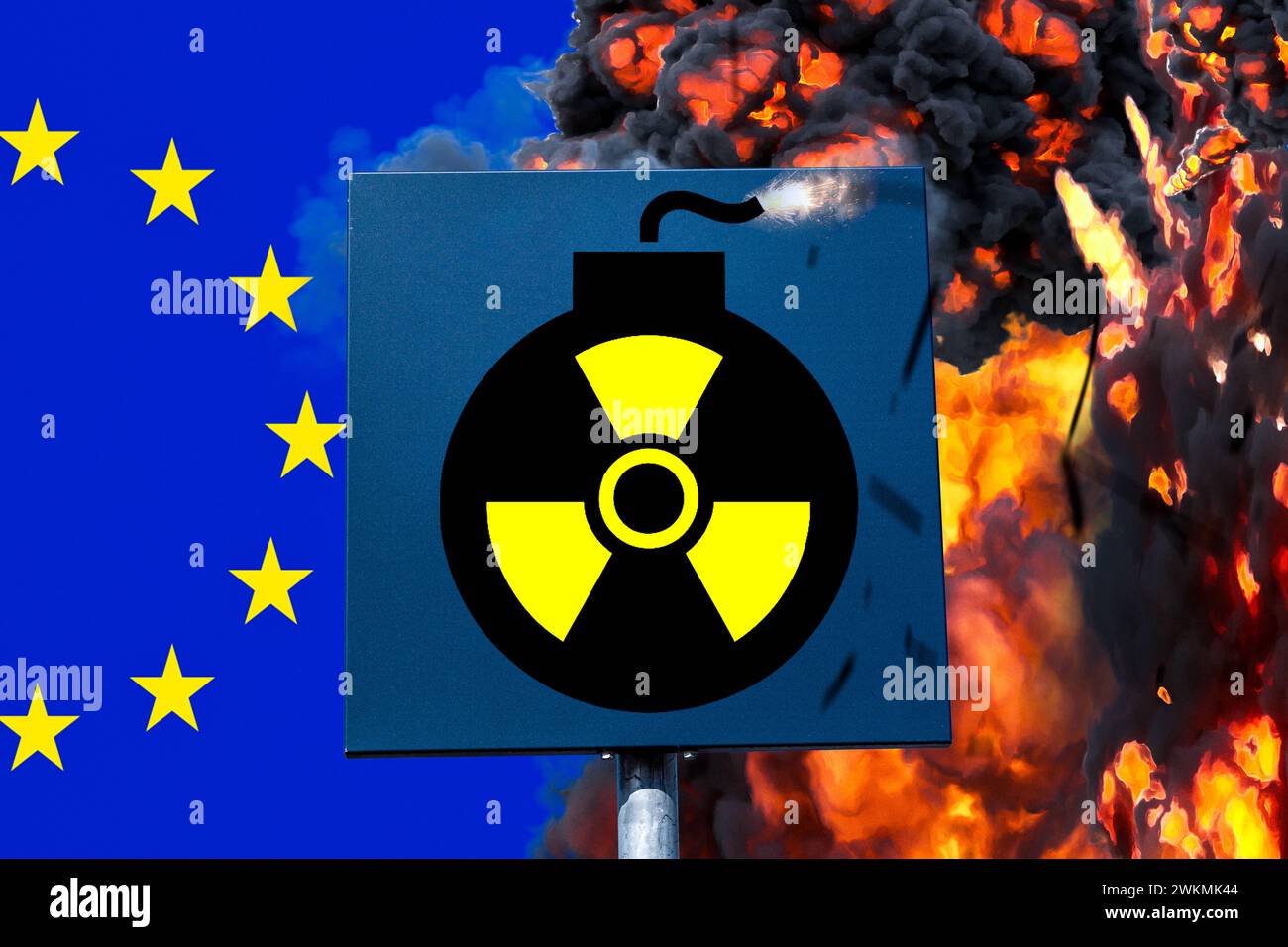 21 February 2024: Nuclear bomb and war in Europe concept, A sign with a ...