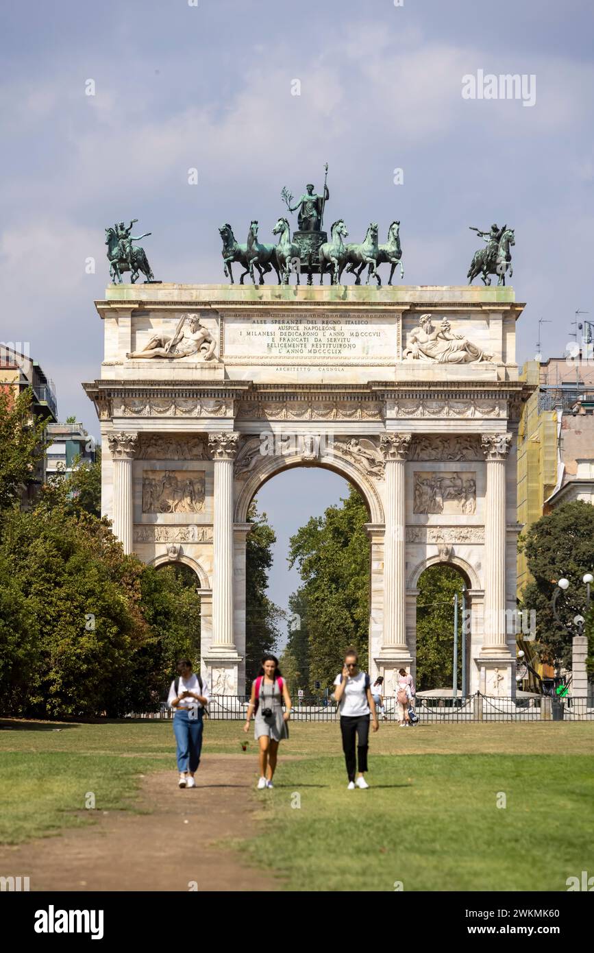 Porta Sempione, a gate in Milan, is marked by the Arch Of Peace ...