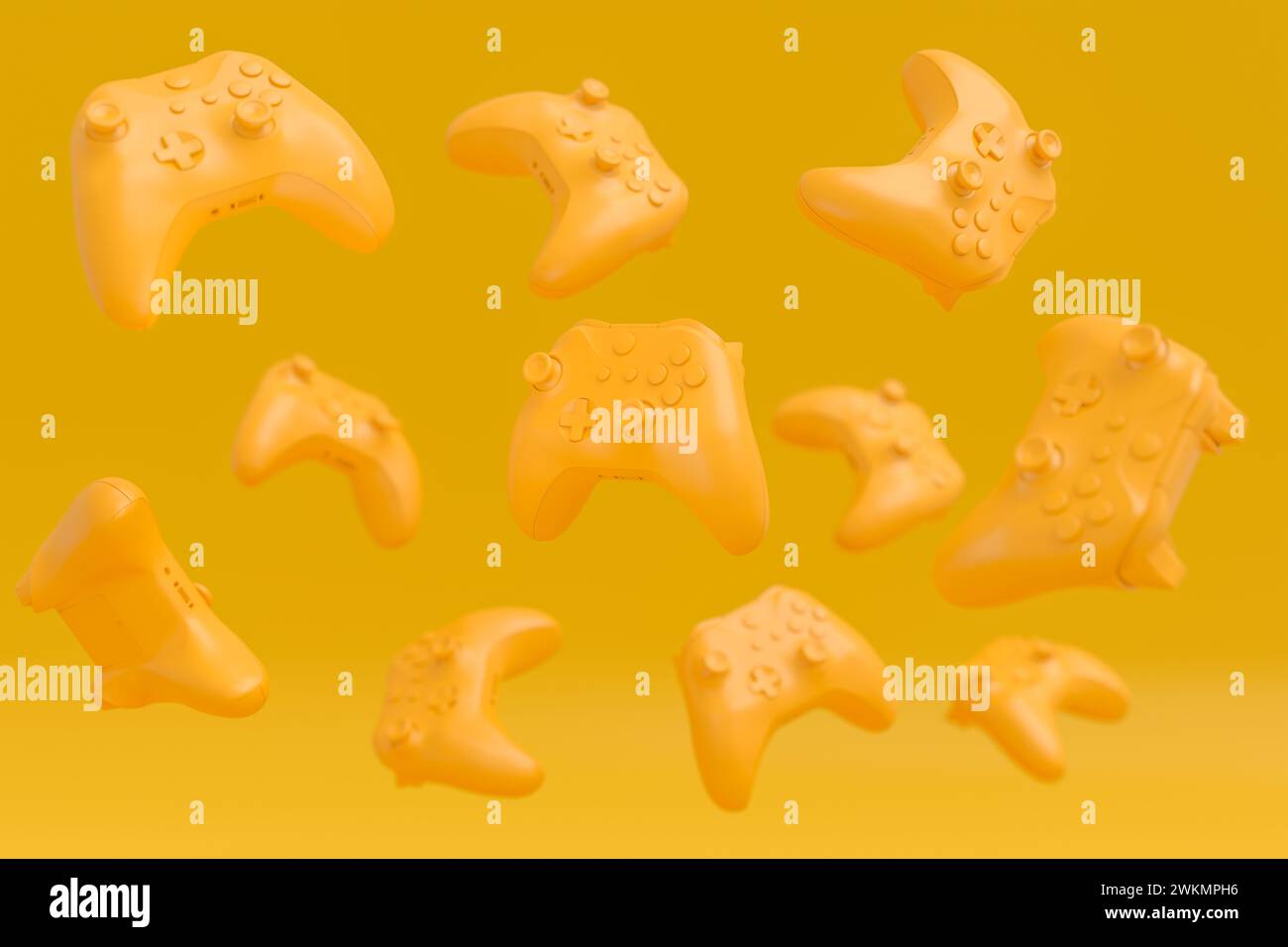 Set of flying gamer joysticks or gamepads on monochrome background. 3d ...