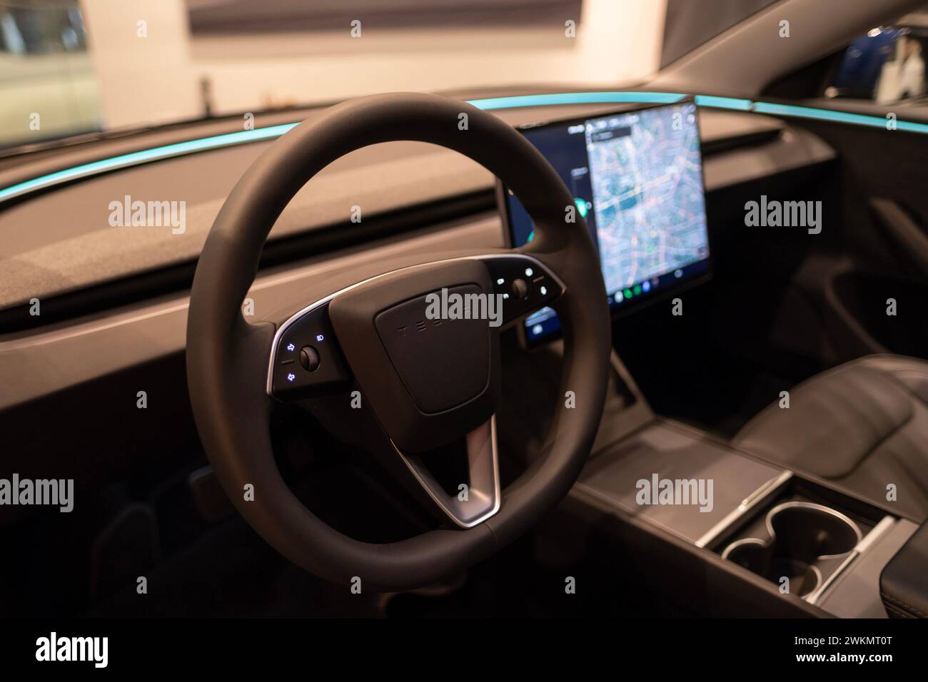 steering wheel, Tesla electric car model 3 Interior, Highland light ...