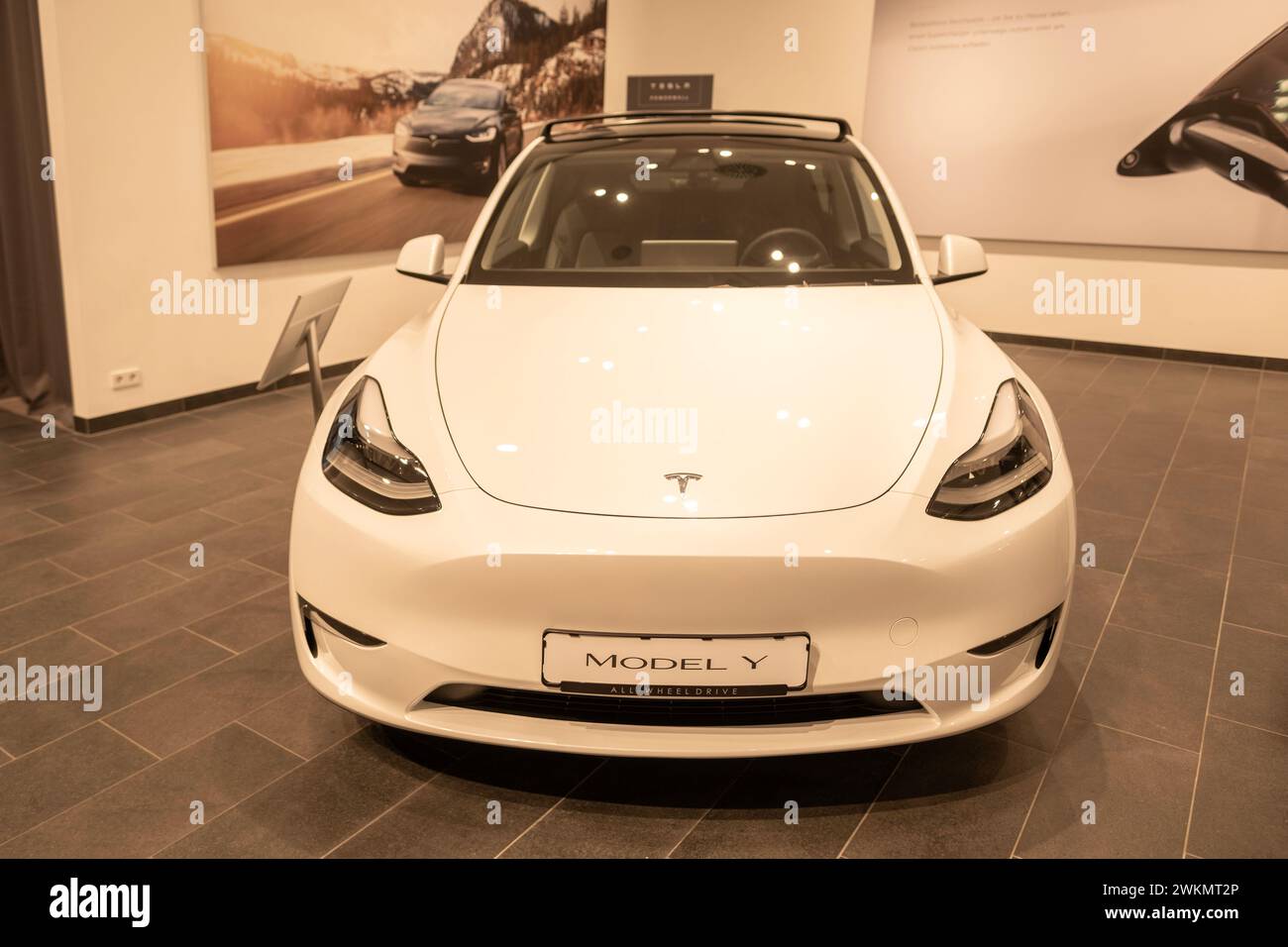 white Tesla electric car model Y in Studio, autopilot and eco-friendly ...