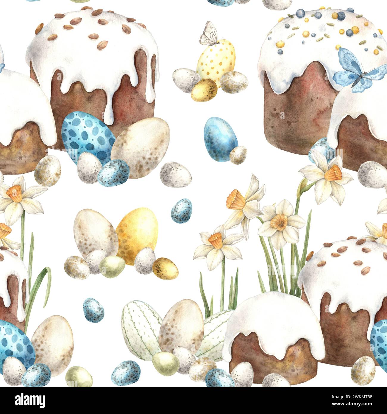 Watercolor Easter pattern with daffodils, Easter cake and eggs on a ...
