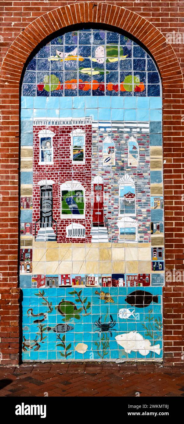 decorated wall with colorful tiles showing Baltimore older homes and ...