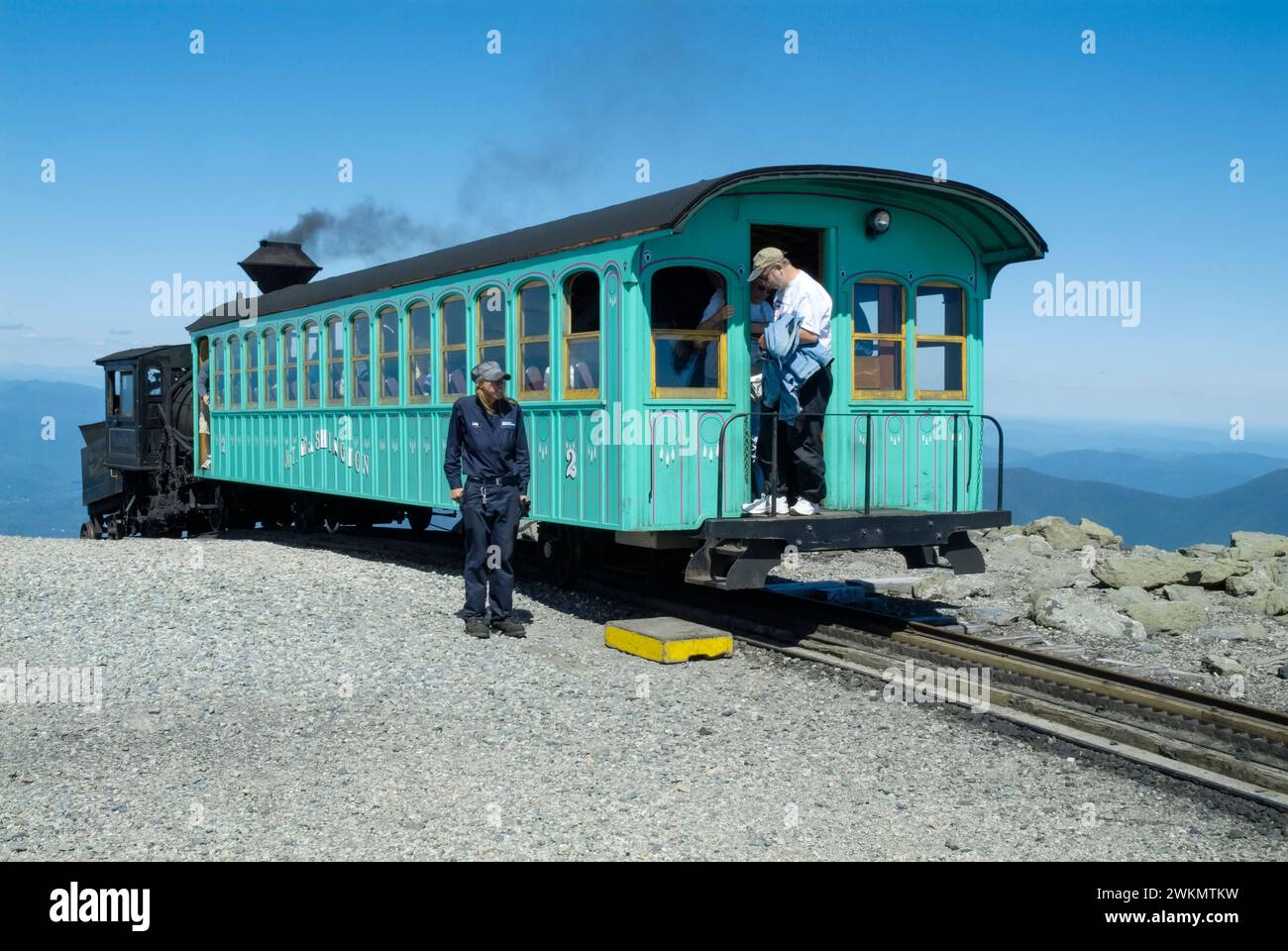 The Mount Washington Cog Railroad on the summit of Mount Washington in the White Mountains, New ...