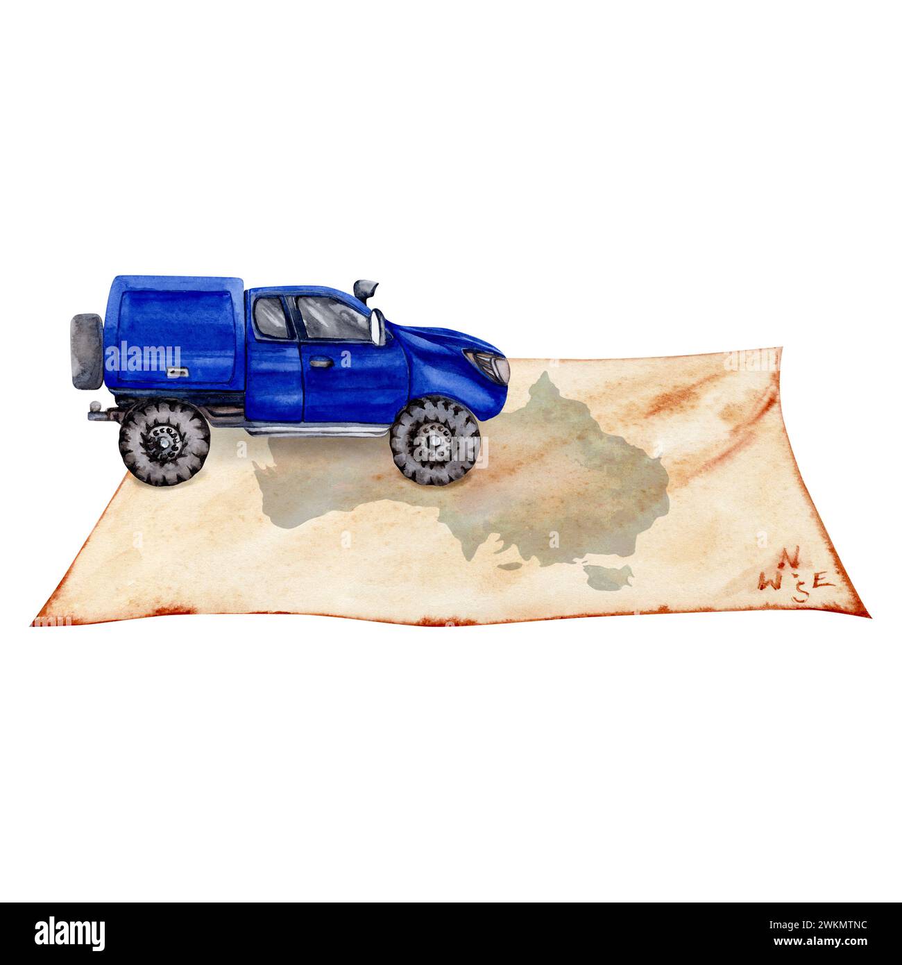 Composition with a blue off road car driving on paper map of Australian ...