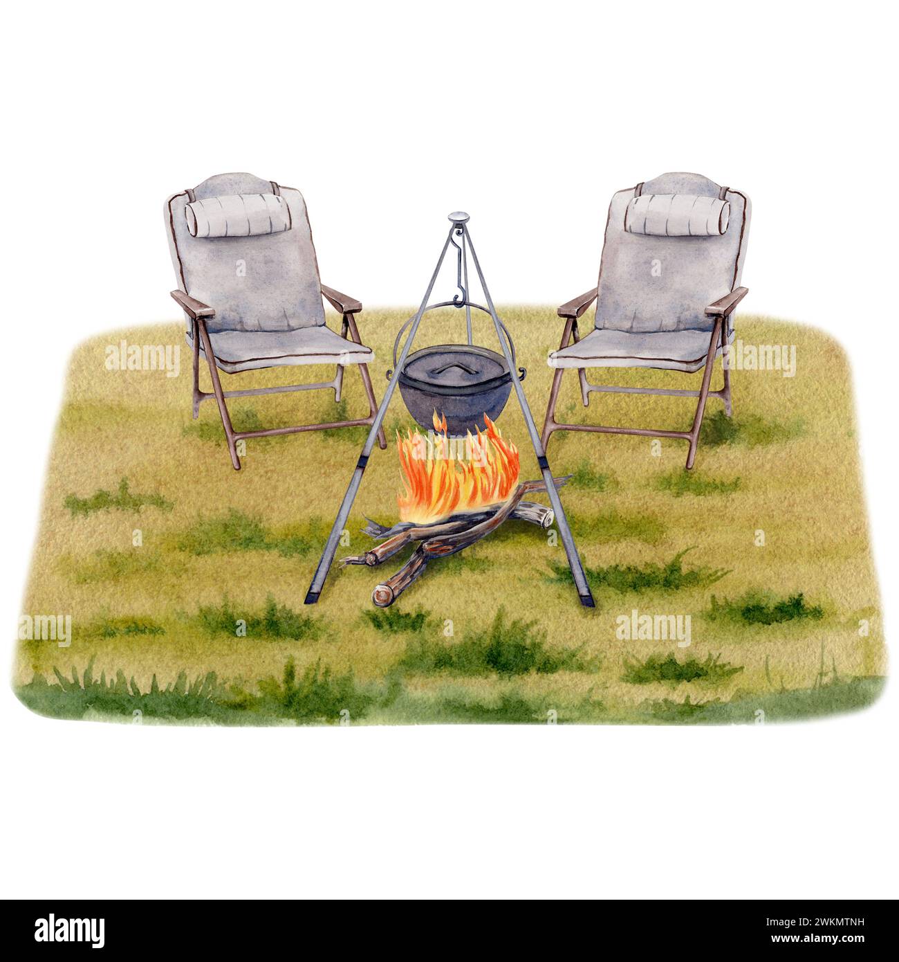 Camping composition with two chairs and a cooking pot over campfire on ...