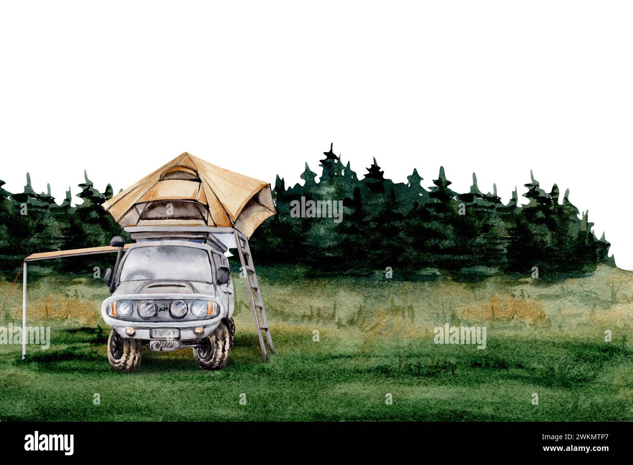 Card design with off road car and roof top tent on forest backdrop ...