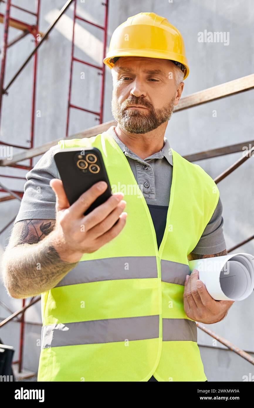 vertical shot of handsome construction worker with blueprint looking at ...