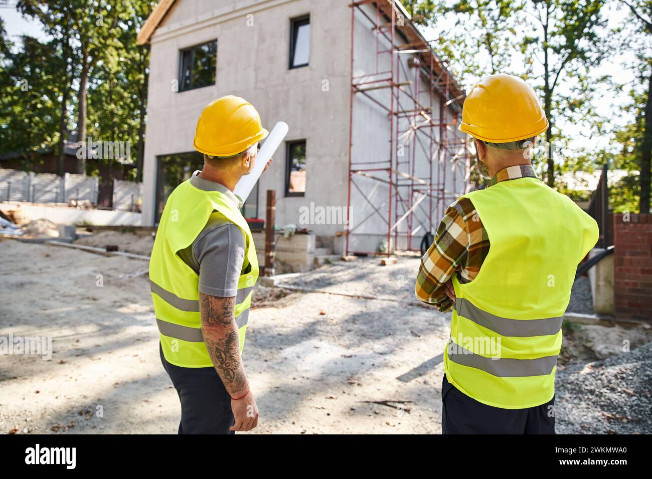 back view of devoted cottage builders in safety helmets with blueprint ...
