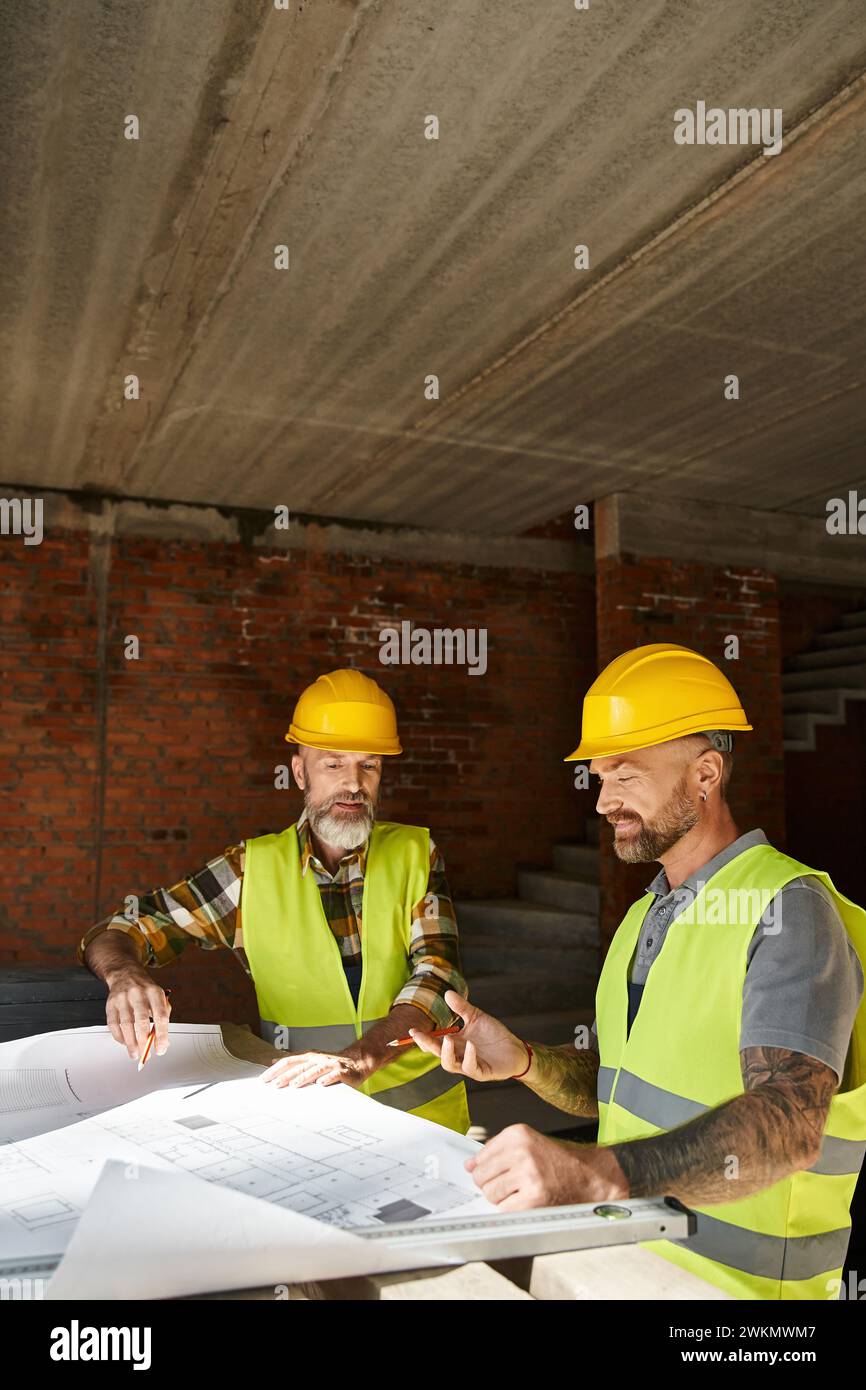 two handsome builders in safety helmets and vests working with ...