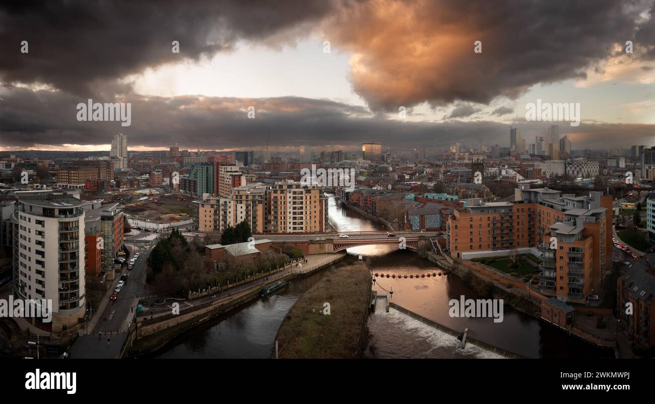 An aerial panoramic view of Leeds cityscape skyline with Leeds Dock and ...