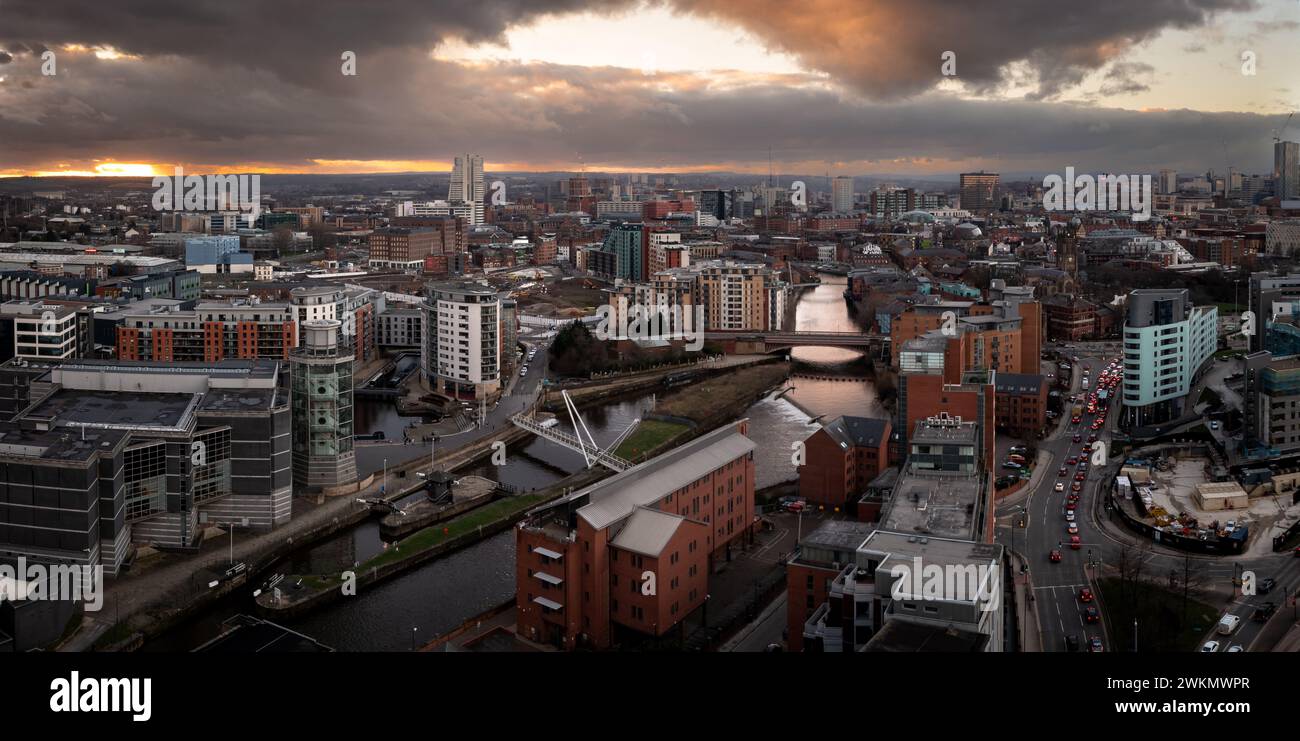 An aerial panoramic view of Leeds cityscape skyline with Leeds Dock and ...