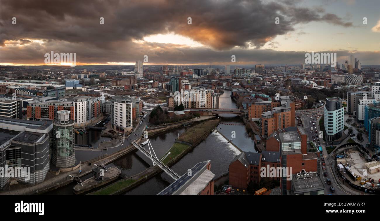 An aerial panoramic view of Leeds cityscape skyline with Leeds Dock and ...