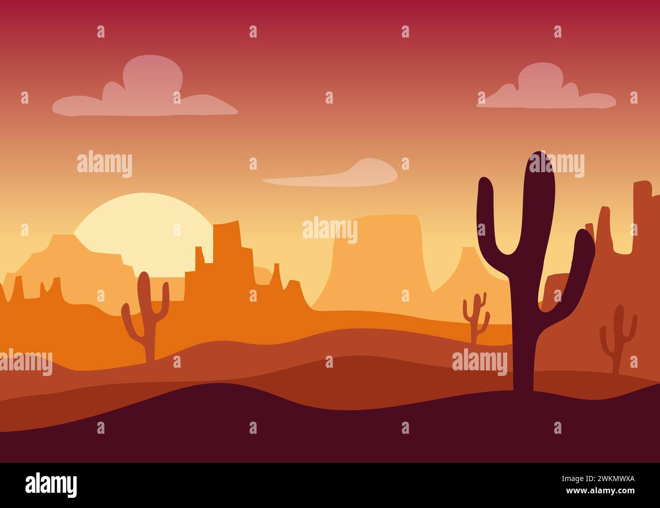 Desert sunset silhouette landscape. Arizona or Mexico western cartoon ...