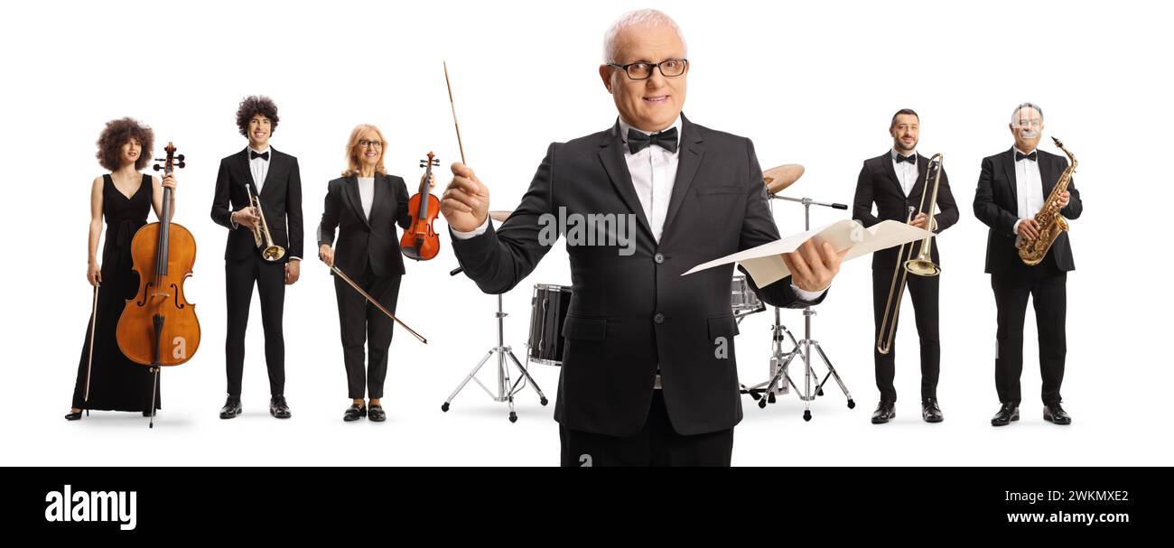Conductor standing in front of a philharmonic orchestra isolated on ...