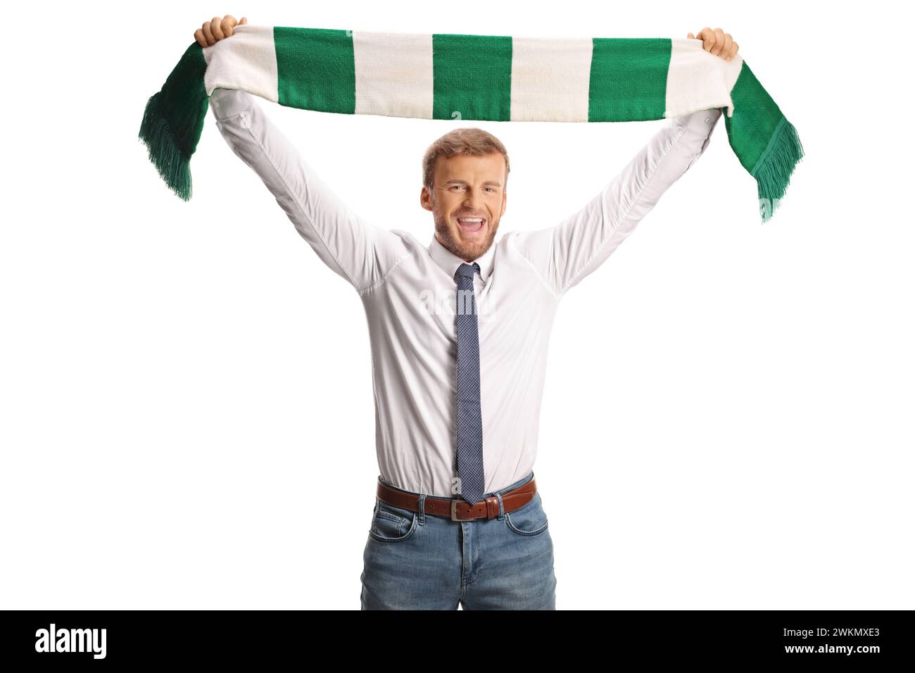 Businessman shouting and cheering with a scarf isolated on white ...
