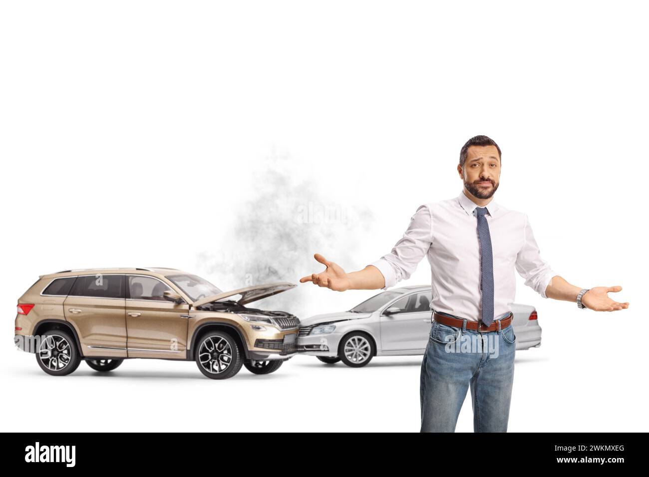 Devastated man standing in front of cars colliding isolated on white ...