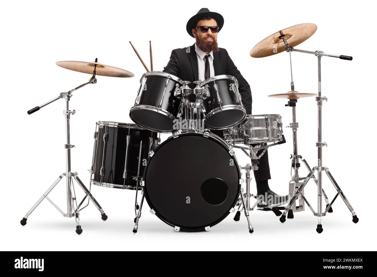 Drummer with a black hat and sunglasses isolated on white background ...