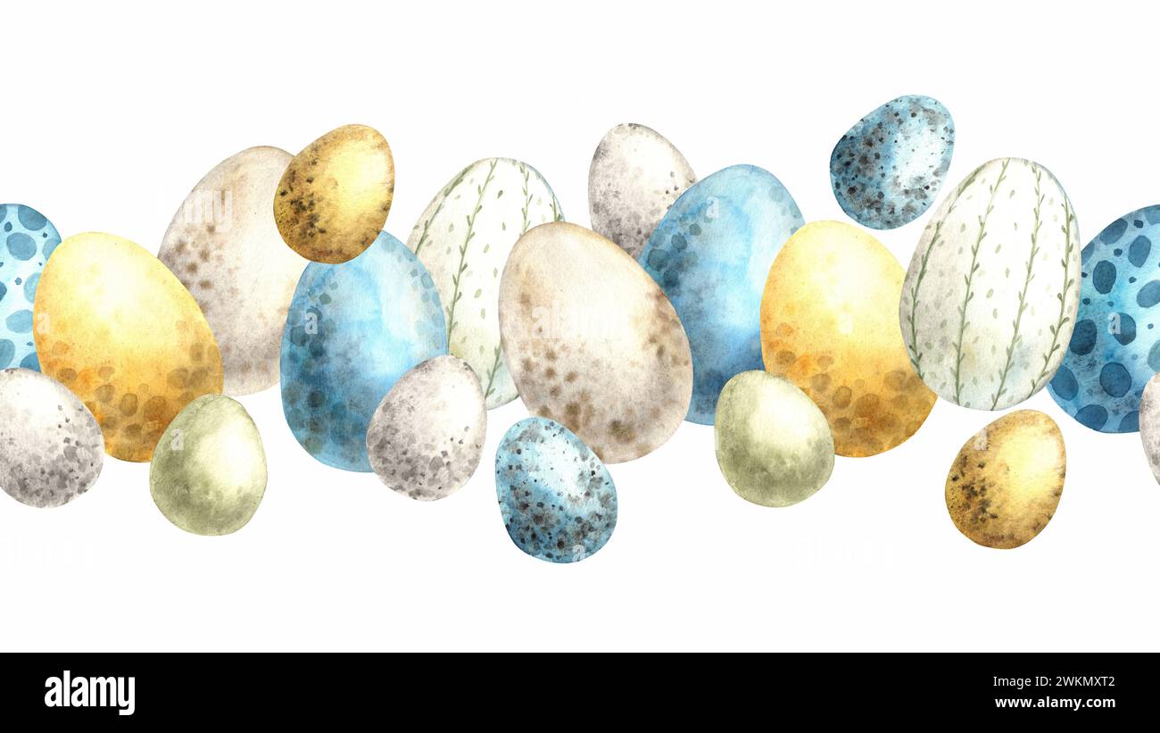 Watercolor seamless Easter line (frame) of colorful eggs. Hand drawn ...