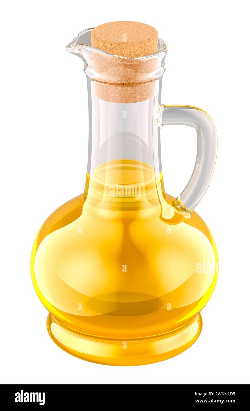 Glass bottle of yellow oil with a cork. Bottle of cooking oil. 3D ...