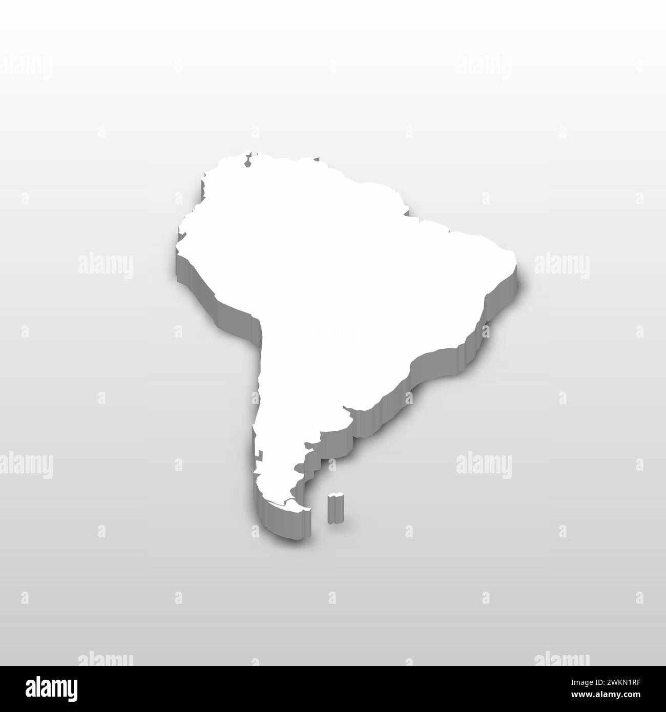 3D map of South America continent. Extruded white vector map with ...