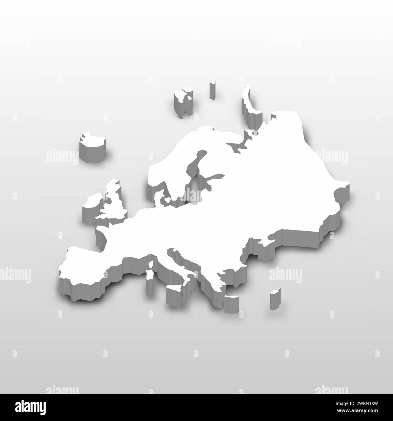 3D map of Europe continent. Extruded white vector map with dropped shadow on light gray ...